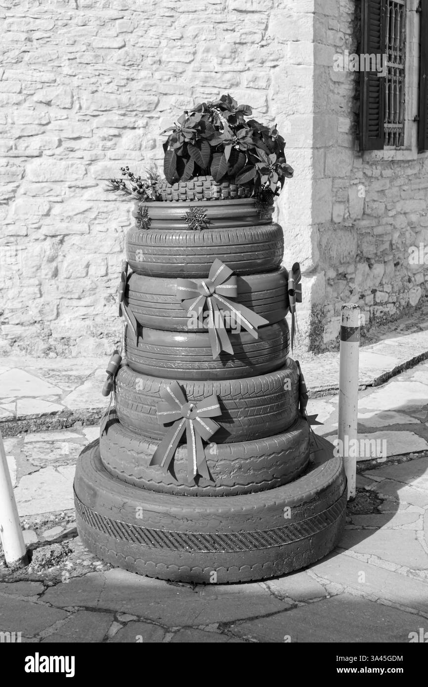 Creative Christmas tree design built of car tires at Laneia village in ...