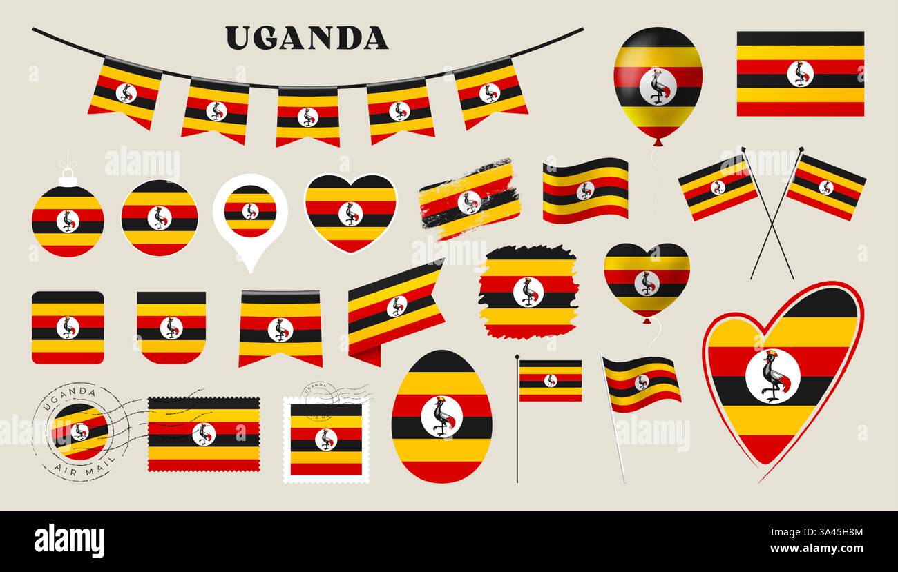 uganda flag set. Various National flag collection with different shapes ...