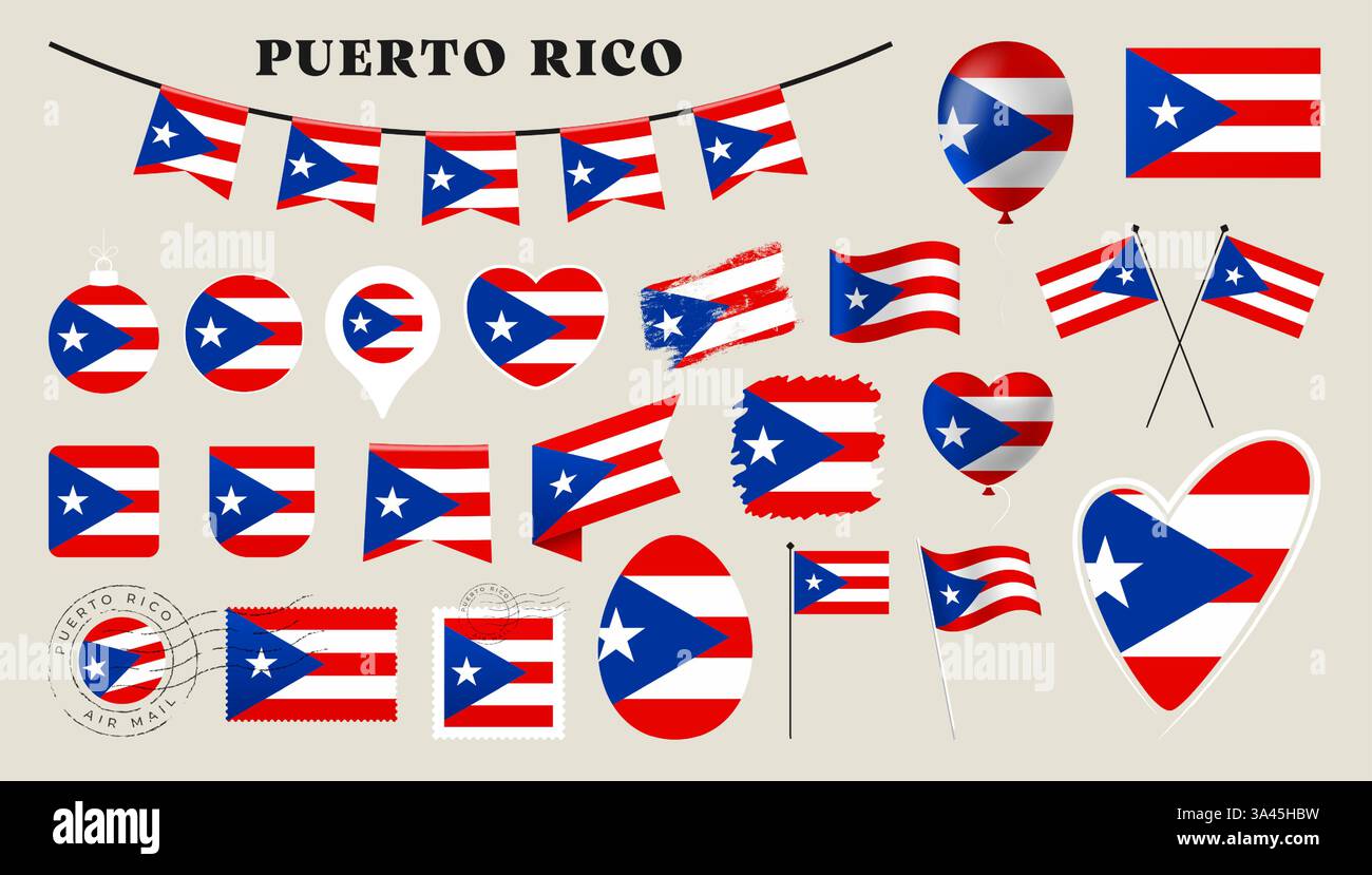 puerto rico flag set. Various National flag collection with different shapes like heart, shield ...