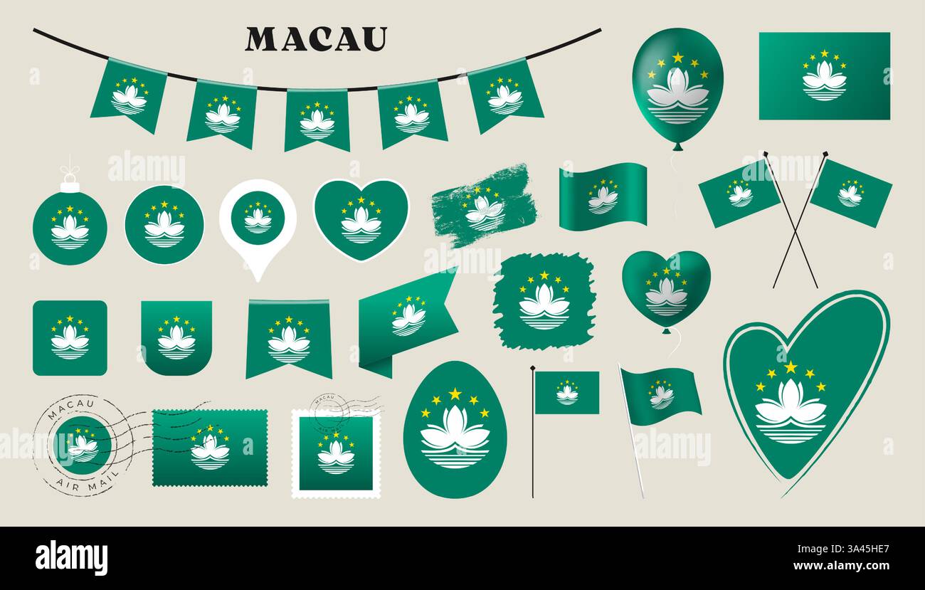 macau flag set. Various National flag collection with different shapes like heart, shield ...