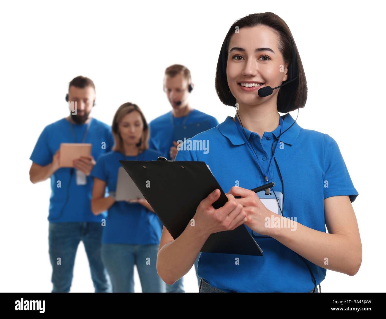 Technical support call center. Team of friendly operators on white ...