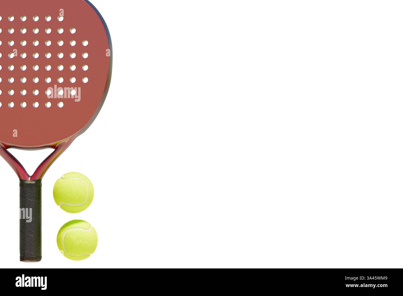 A padel tennis racket and two balls ready for play on an isolated ...