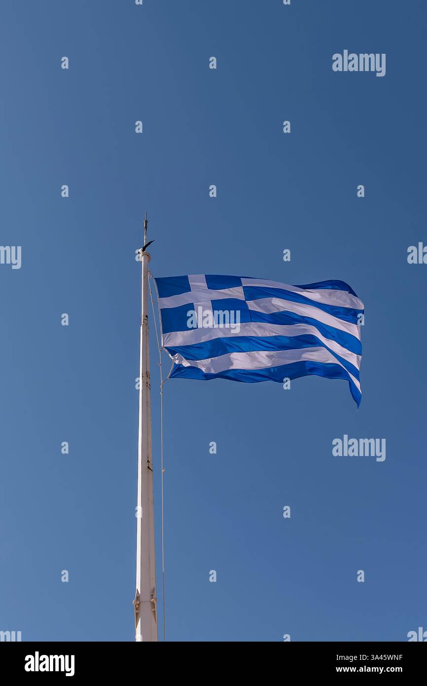 The famous Greek flag flying on the Acropolis in Athens, Greece Stock ...