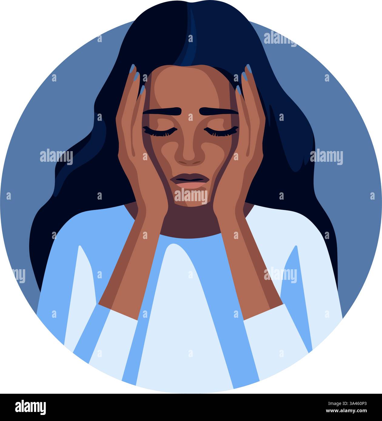 Illustration of a black woman holding her head in distress, depicted in blue tones, on a white ...