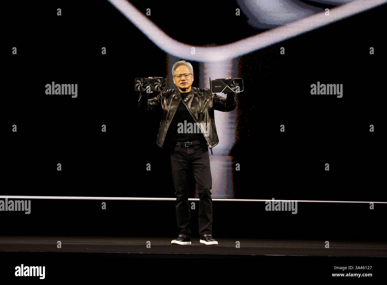 Nvidia CEO Jensen Huang speaks on stage during a keynote at the Nvidia ...