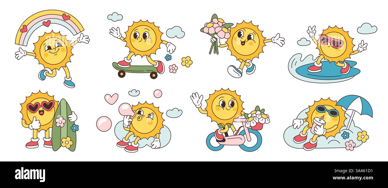 Retro sun character. Funny groovy mascot with faces, feet and hands ...