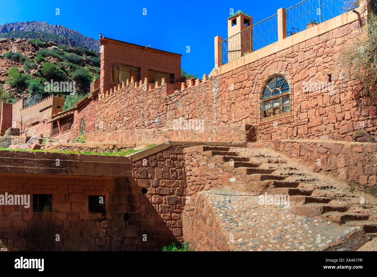 Morocco Atlas Mountains - Kasbah built in adobe overlooking a fertile ...