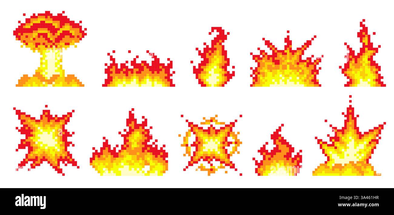 Pixel flames and explosions. Flashes, burning, and fire, retro 8 bit ...