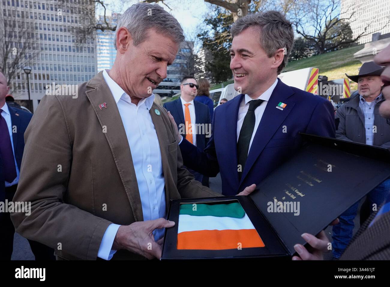 Irish Senator Mark Daly, right, presents Gov. Bill Lee with a Republic ...