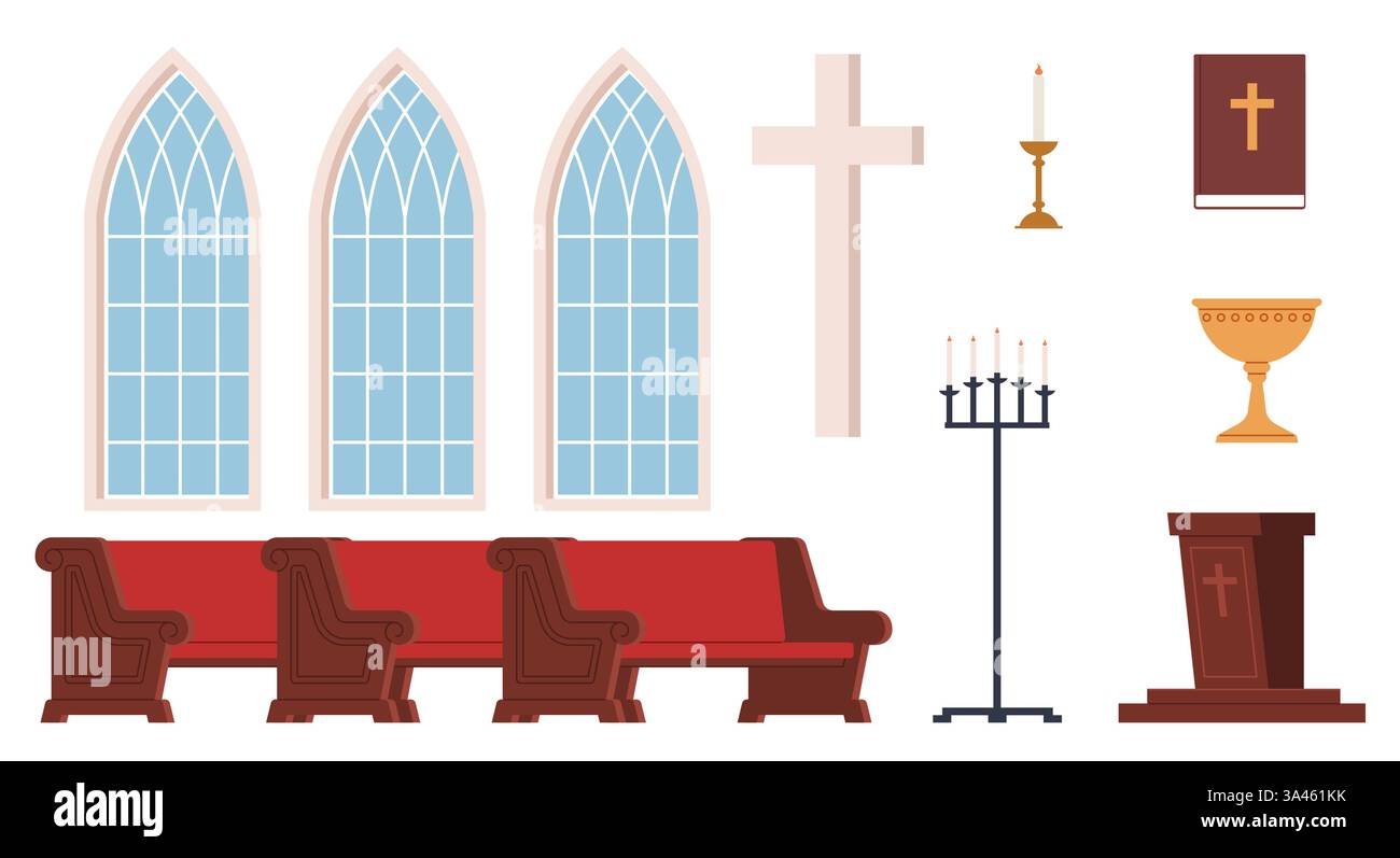 Furniture and religious accessories of Catholic Church. Glass windows ...