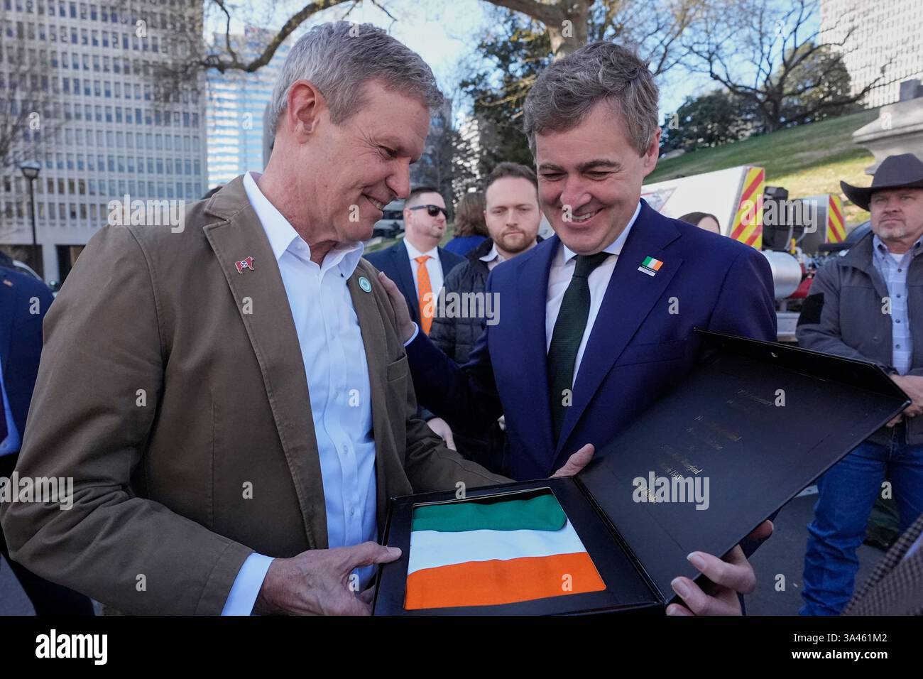 Irish Senator Mark Daly, right, presents Gov. Bill Lee with a Republic ...
