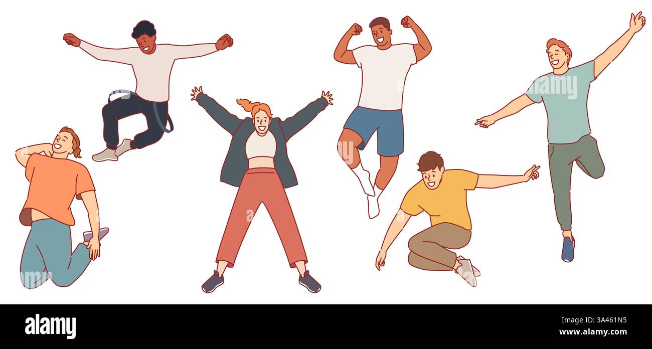 Happy jumping people. Men and women in various poses, smiling friends ...