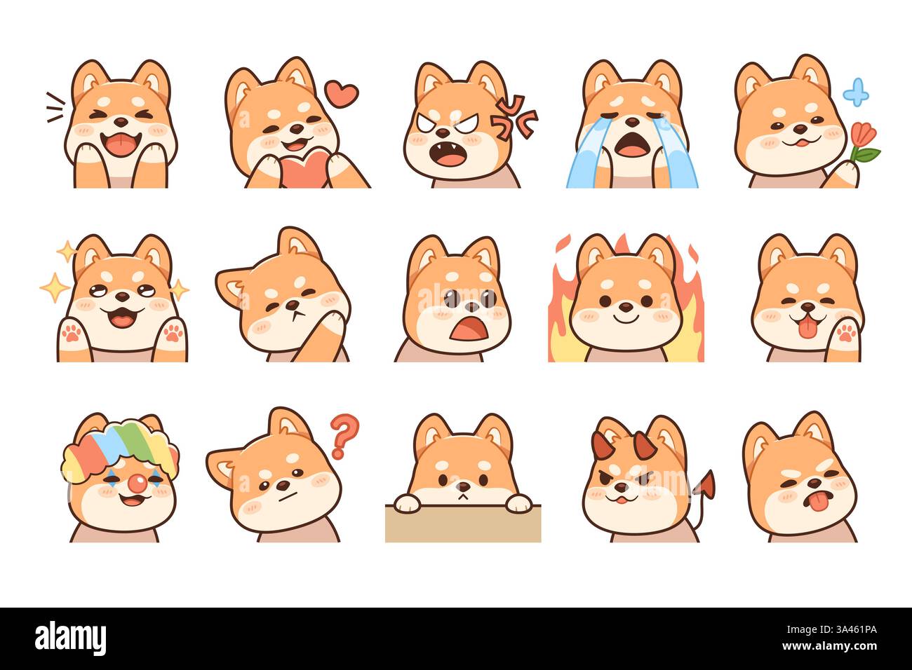 Cute shiba dog portraits. Funny emoji, different poses and emotions, kawaii dog characters ...