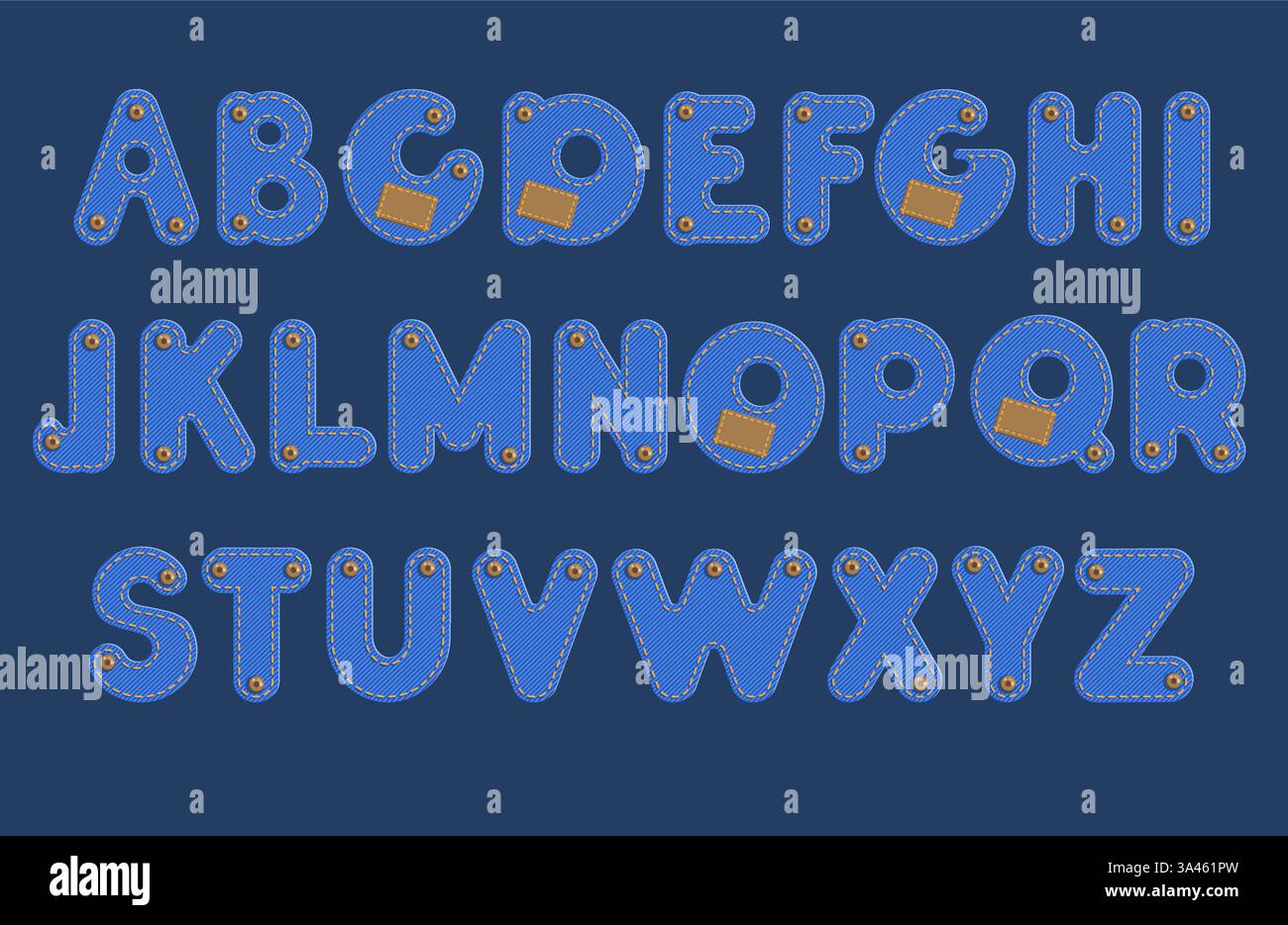 Decorative denim kids font. Blue textile capital letters, orange ...