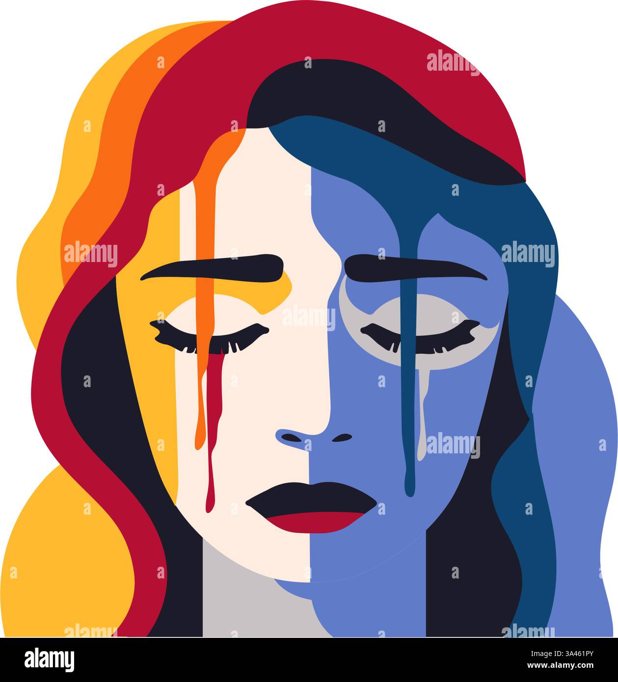 Abstract illustration of a woman's face with vibrant red, yellow, and ...