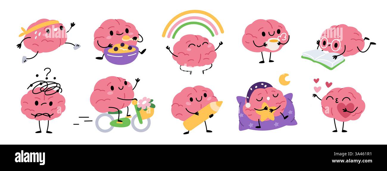 Cartoon brain characters. Human organ with funny face, feet and hands ...