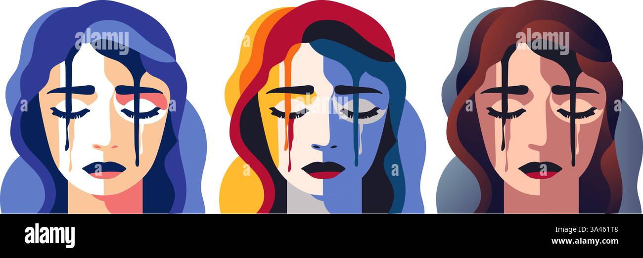 Woman faces with closed eyes and colorful paint streaks, abstract art ...