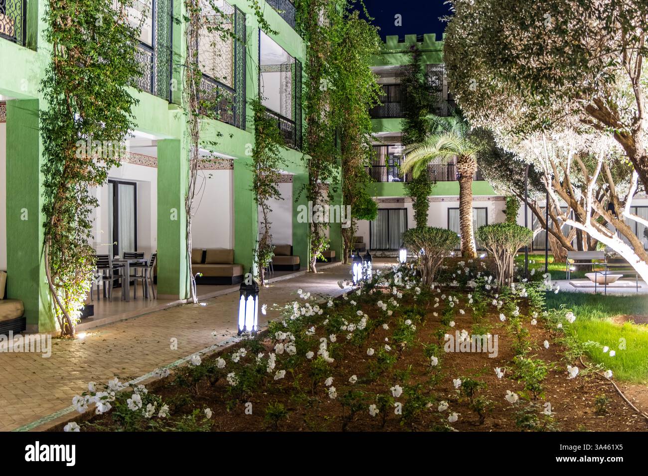 Marrakesh, Morocco - view of the swimming pool of a modern resort in ...
