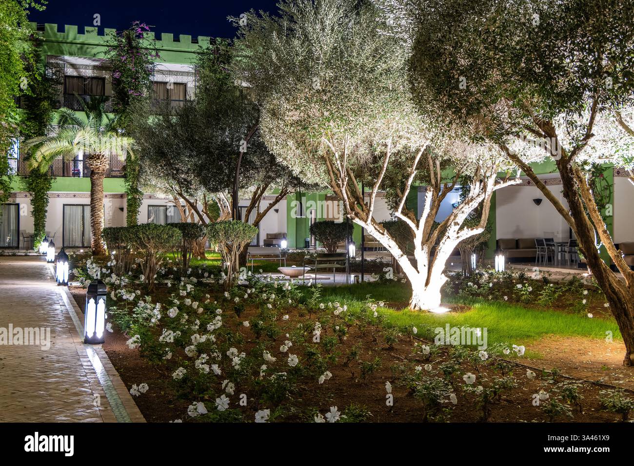 Marrakesh, Morocco - view of the swimming pool of a modern resort in ...