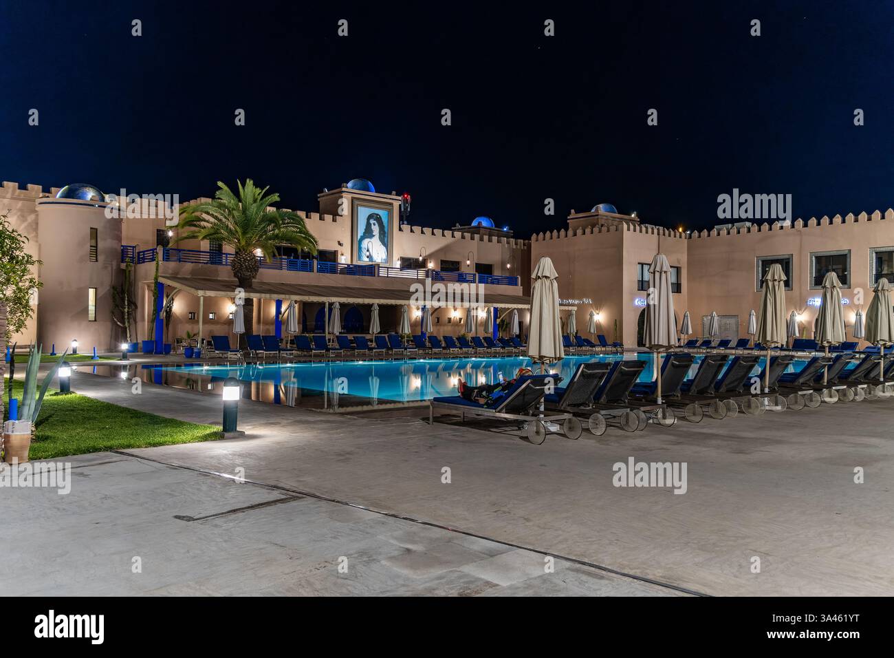 Marrakesh, Morocco - view of the swimming pool of a modern resort in ...