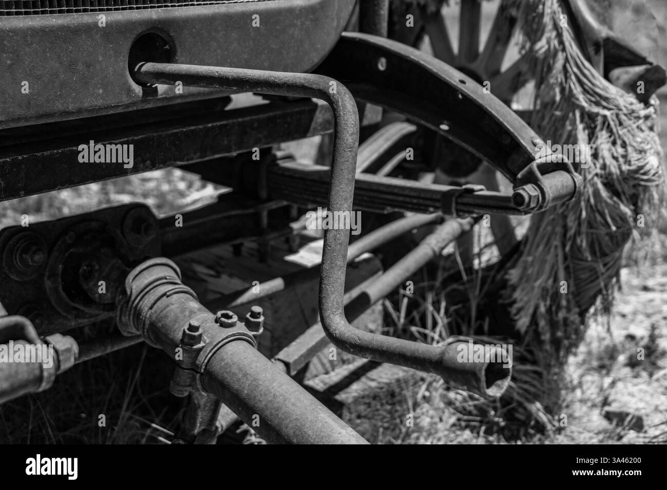 The hand crank at the front of a vintage vehicle used to crank start ...