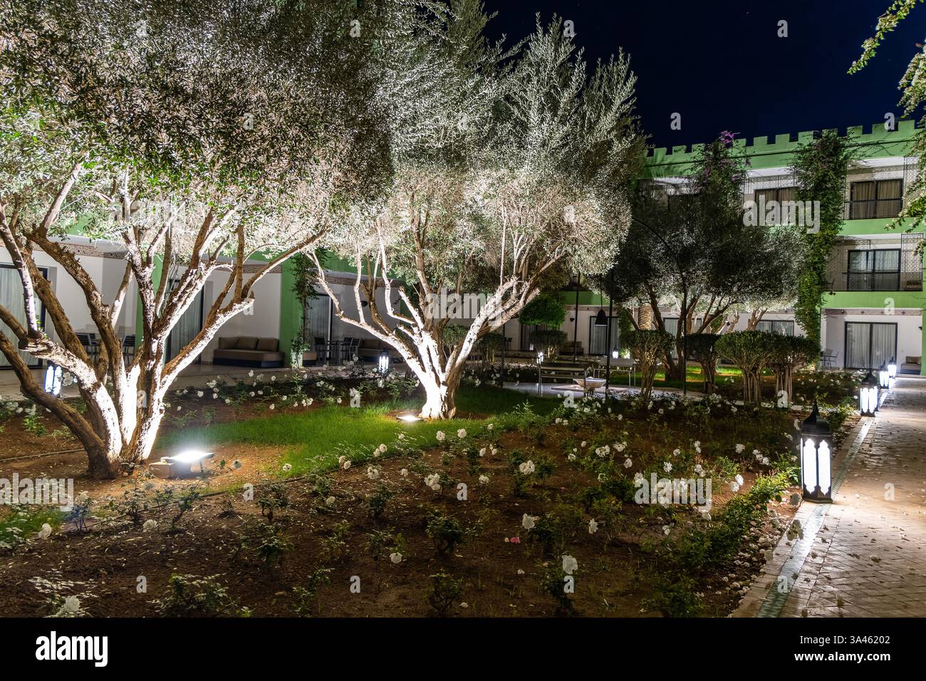 Marrakesh, Morocco - view of the swimming pool of a modern resort in ...