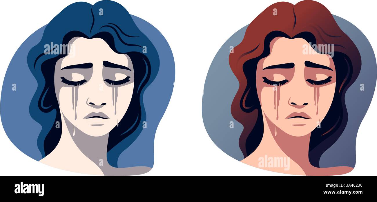 Two artistic depictions of crying women, one in cool blue tones and the ...
