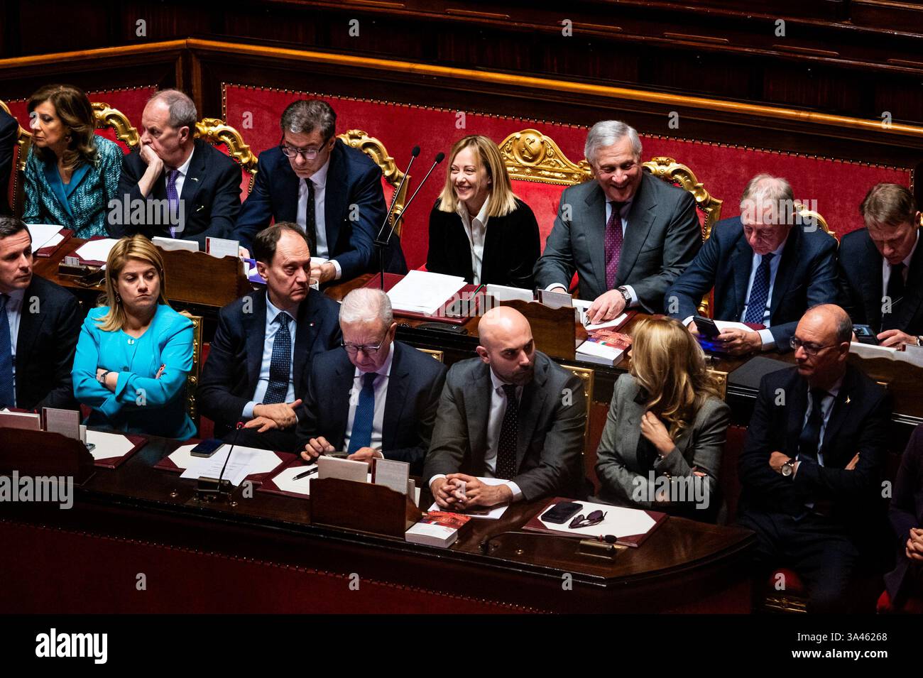 Italian Prime Minister Giorgia Meloni addresses the Italian Senate ...