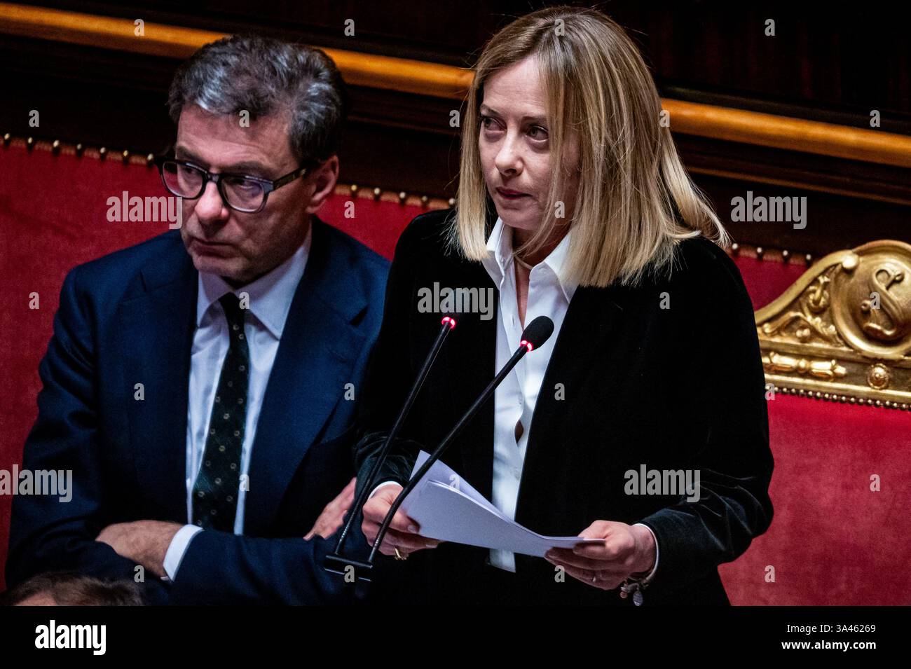 Italian Prime Minister Giorgia Meloni addresses the Italian Senate ...