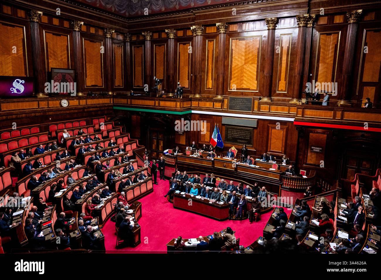 Italian Prime Minister Giorgia Meloni addresses the Italian Senate ...
