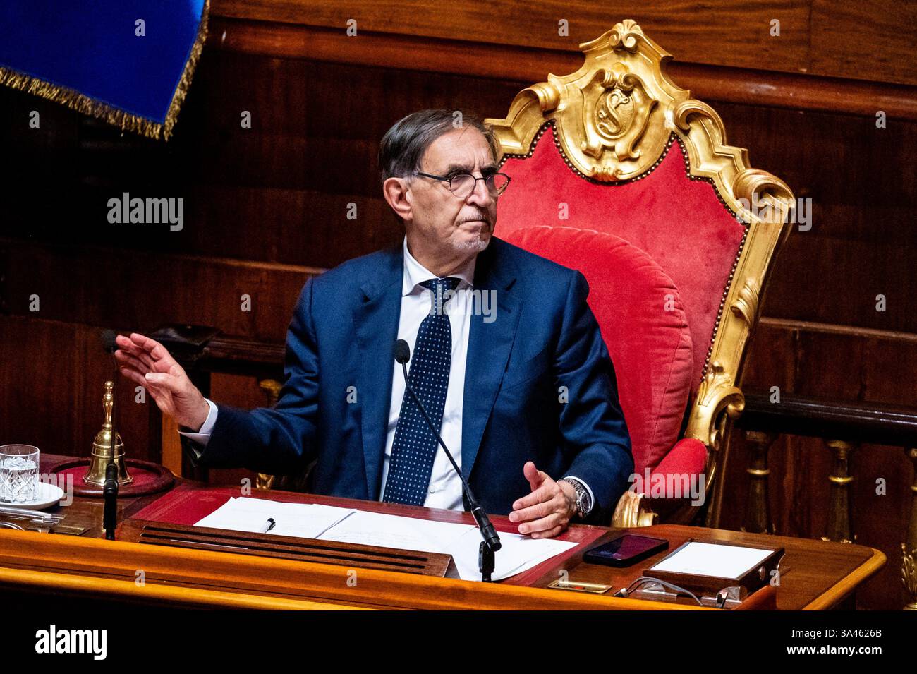 The president of the Italian Senate, Ignazio La Russa, gestures on ...