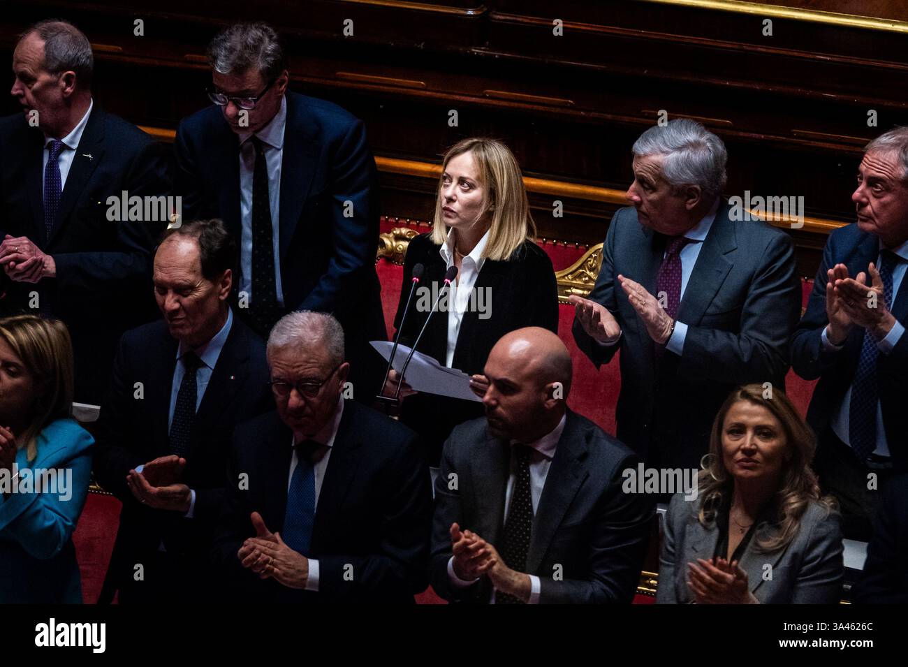 Italian Prime Minister Giorgia Meloni addresses the Italian Senate ...