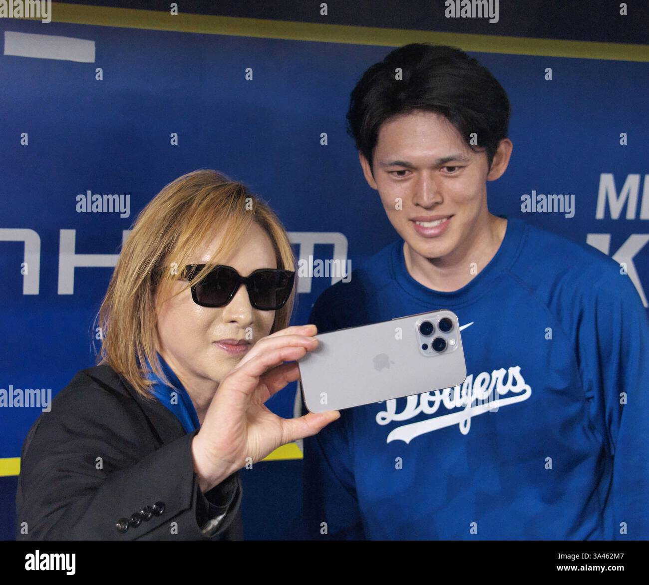 Tokyo, Japan. 18th Mar, 2025. Japanese musician Yoshiki take a selfie with Los Angeles Dodgers ...