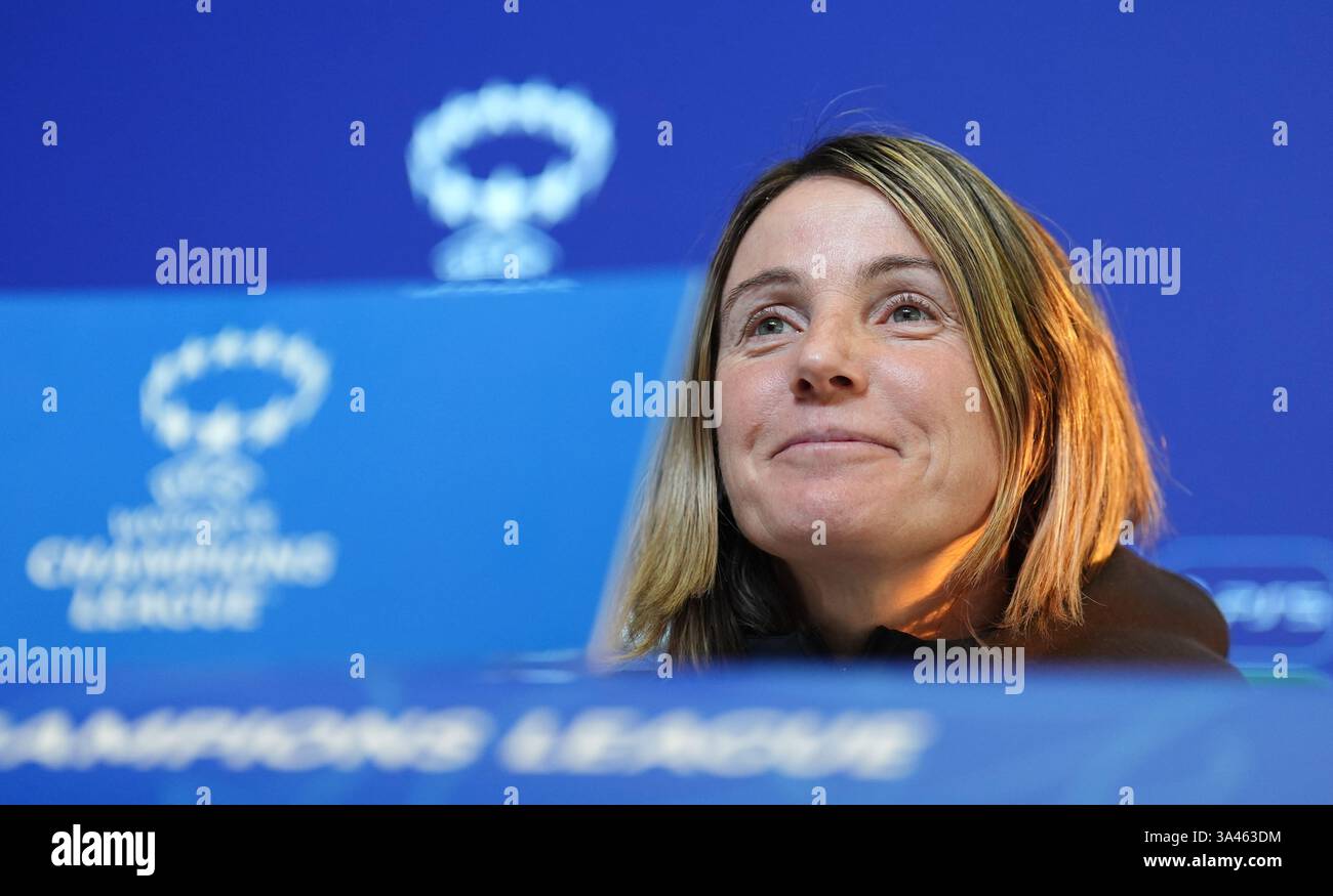 Chelsea manager Sonia Bompastor speaks during a press conference at The ...