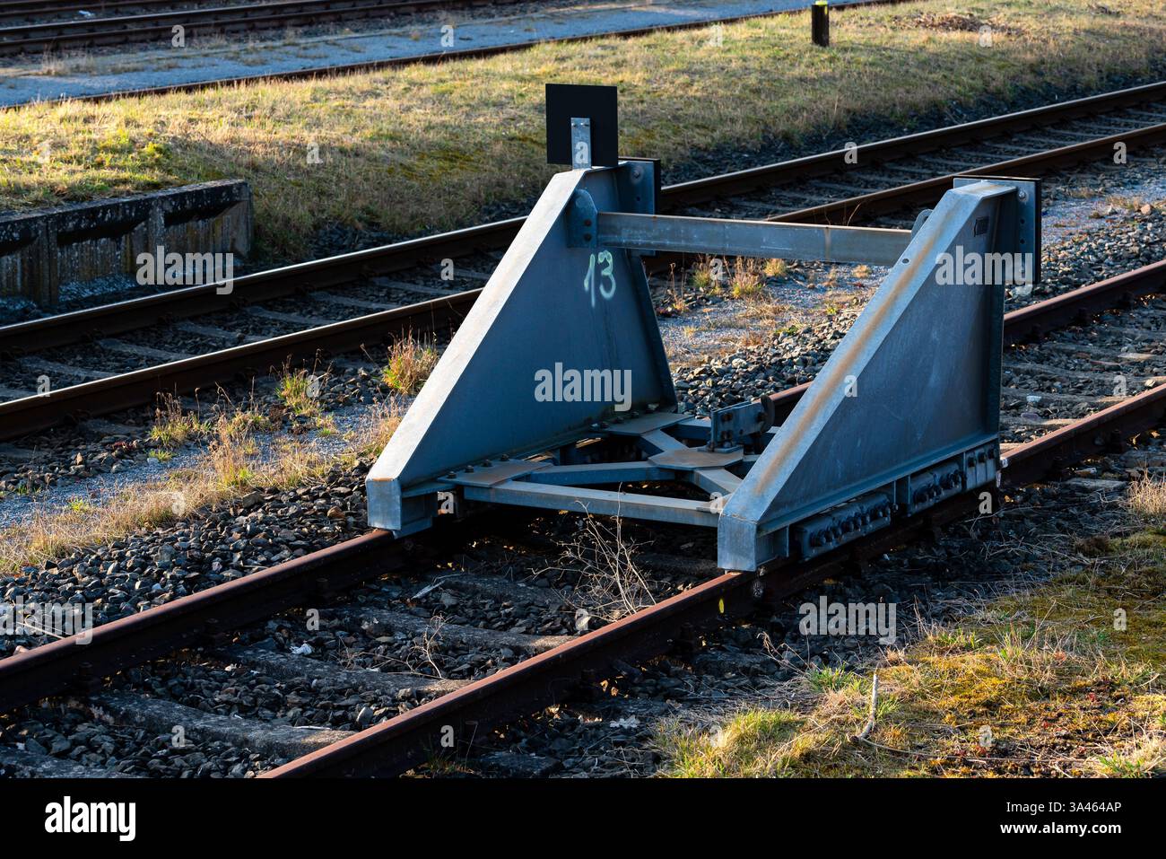 Railroad buffer stop equipment positioned on rail lines. This apparatus ...