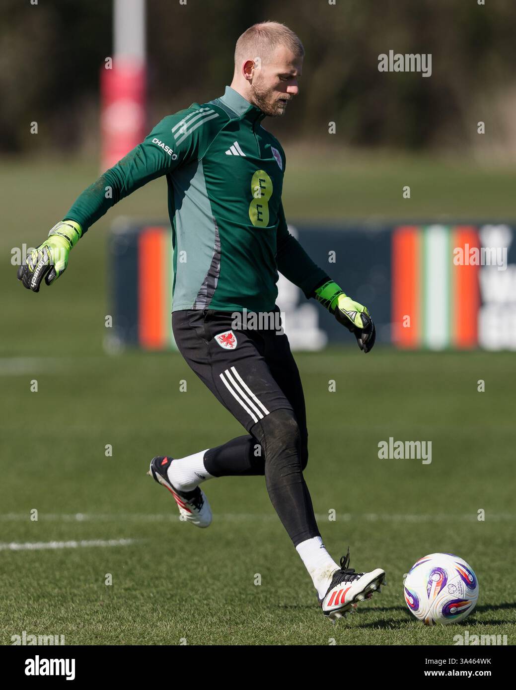 PONTYCLUN, UK. 18th Mar, 2025. Wales' goalkeeper Adam Davies during a training session at the ...
