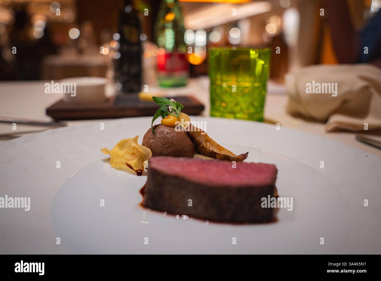 Gourmet Dish with Medium Rare Meat in Fine Dining Setting Stock Photo ...