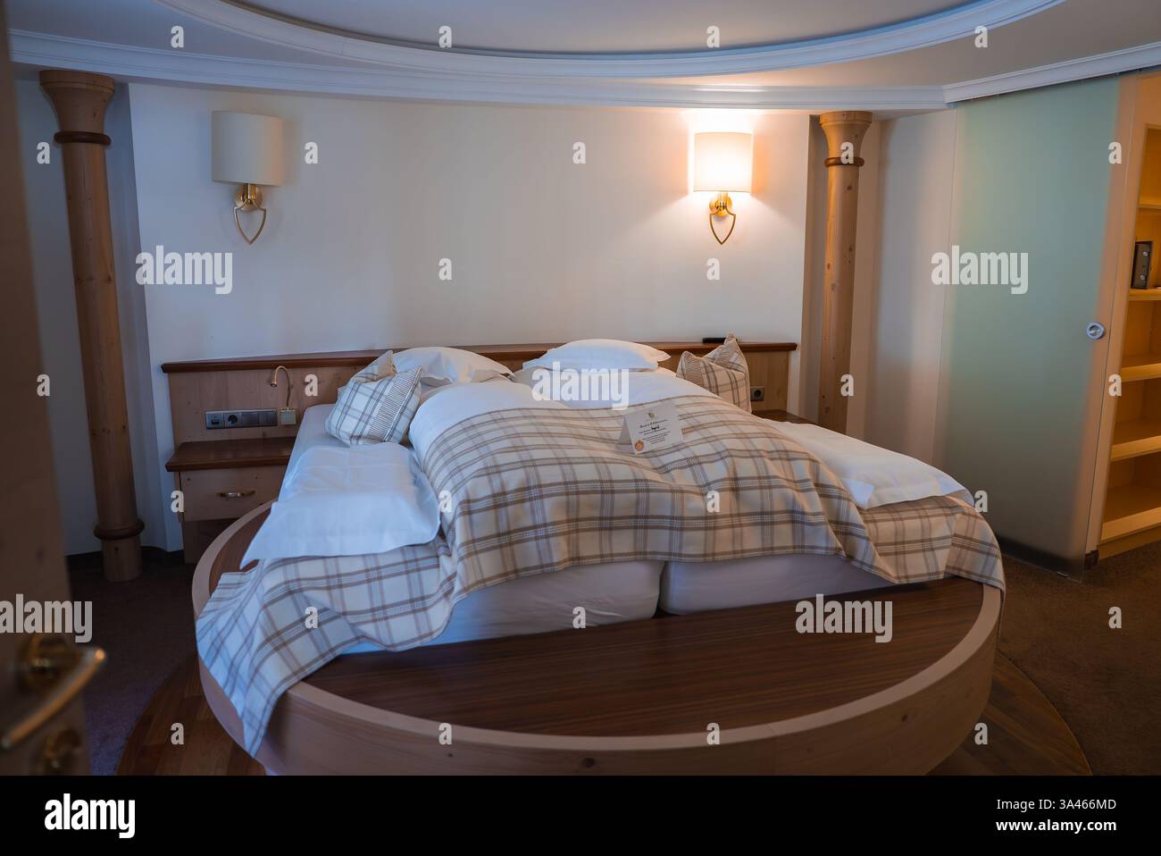 Luxurious Hotel Room with Round Wooden Bed in Ischgl, Austria Stock ...