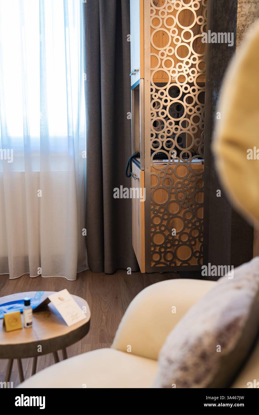 Luxury Hotel Room Interior with Wooden Panel and Cozy Furnishings Stock ...