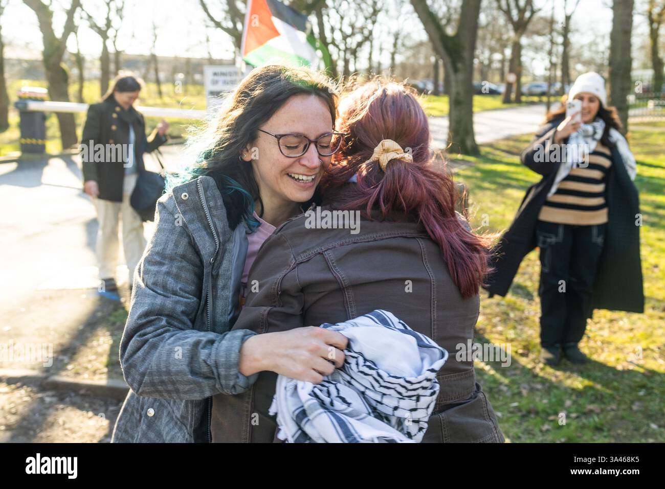 Wakefield, UK. 18 MAR, 2025. Palestine Action prisoner, Francesca hugs ...