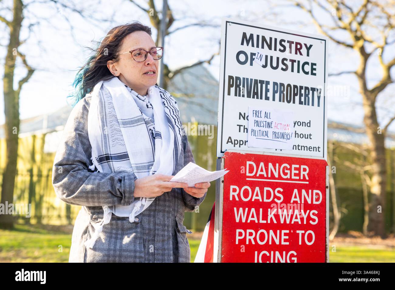 Wakefield, UK. 18 MAR, 2025. Palestine Action prisoner, Francesca gives ...