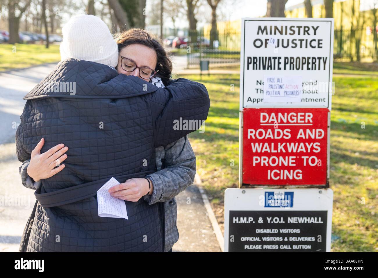 Wakefield, UK. 18 MAR, 2025. Palestine Action prisoner, Francesca hugs ...