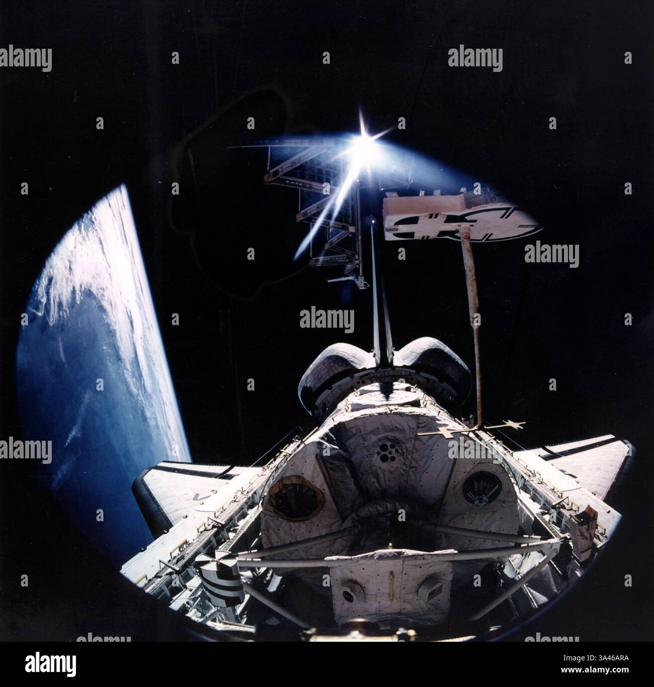Jun 29, 1995 - Mir-18, Earth-Orbit - Onboard view as seen from Mir-18. Docked already with ...