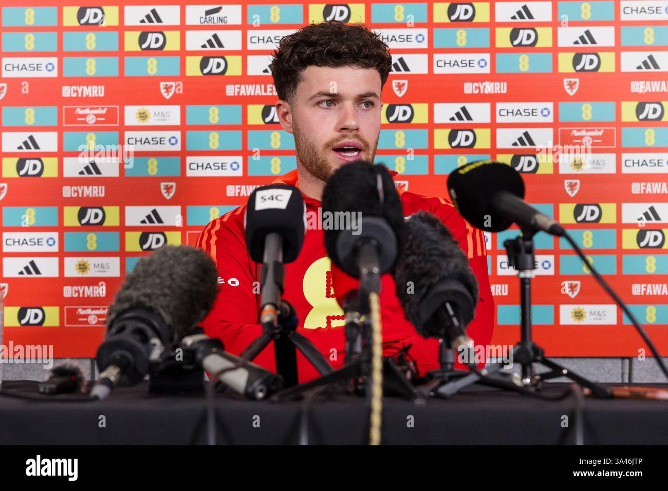 PONTYCLUN, WALES - 18 MARCH 2025: Wales' Neco Williams during a media ...