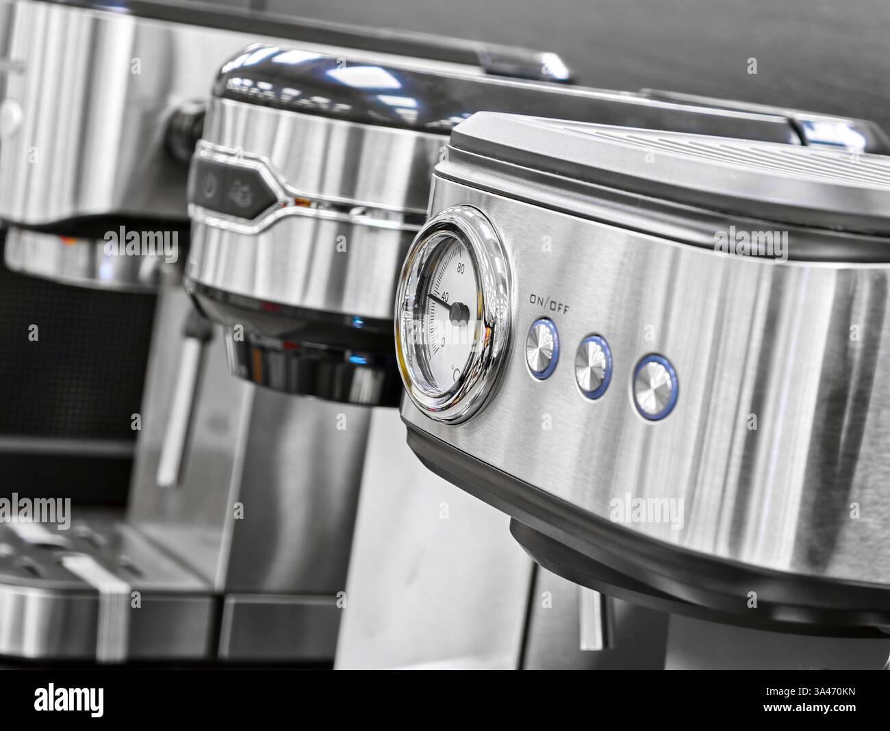 Intricate coffee machines gleam under soft lighting in a cozy modern ...