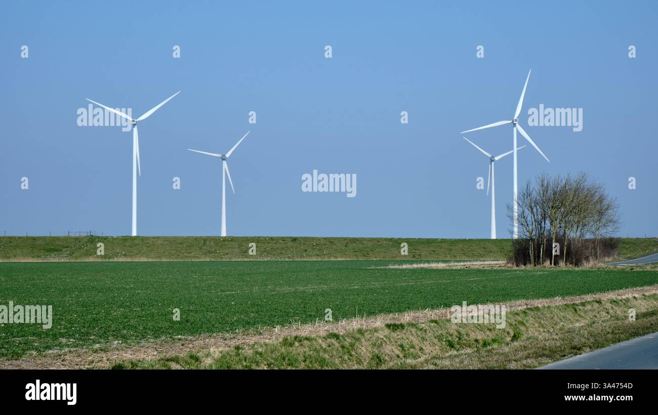 March 10, 2025 - Uithuizermeeden, Netherlands: wind farm behind an old ...