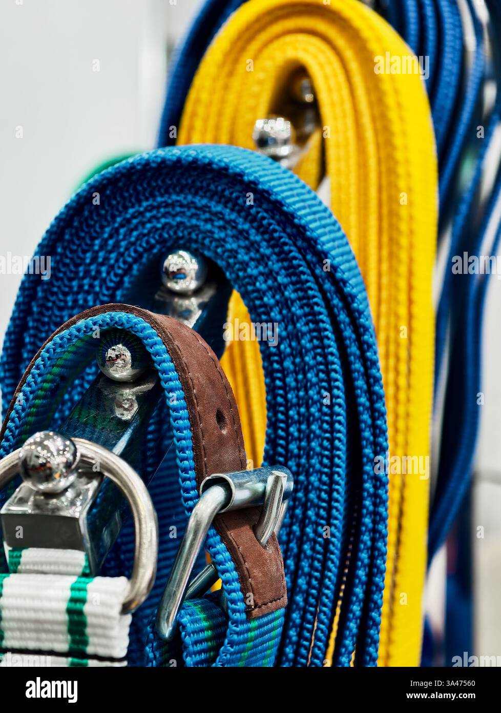 Brightly colored cargo belts hanging in a vibrant display at a local ...
