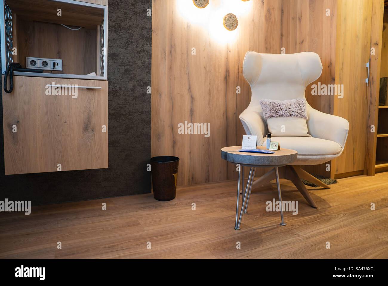 Modern Hotel Room Interior with Wooden Paneling and Stylish Decor Stock ...