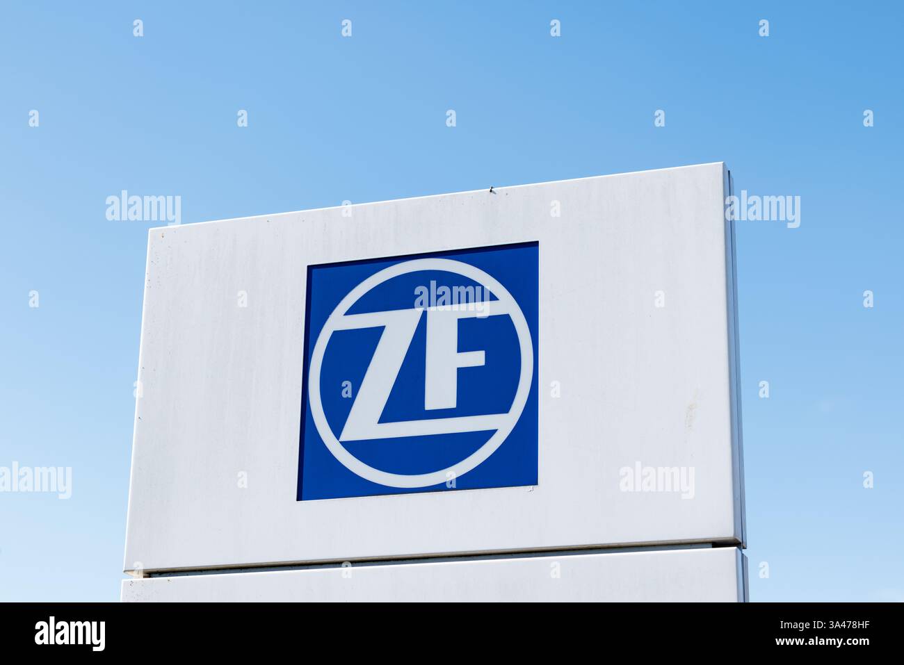 Schweinfurt, Germany. 17th Mar, 2025. The ZF logo can be seen on a sign ...