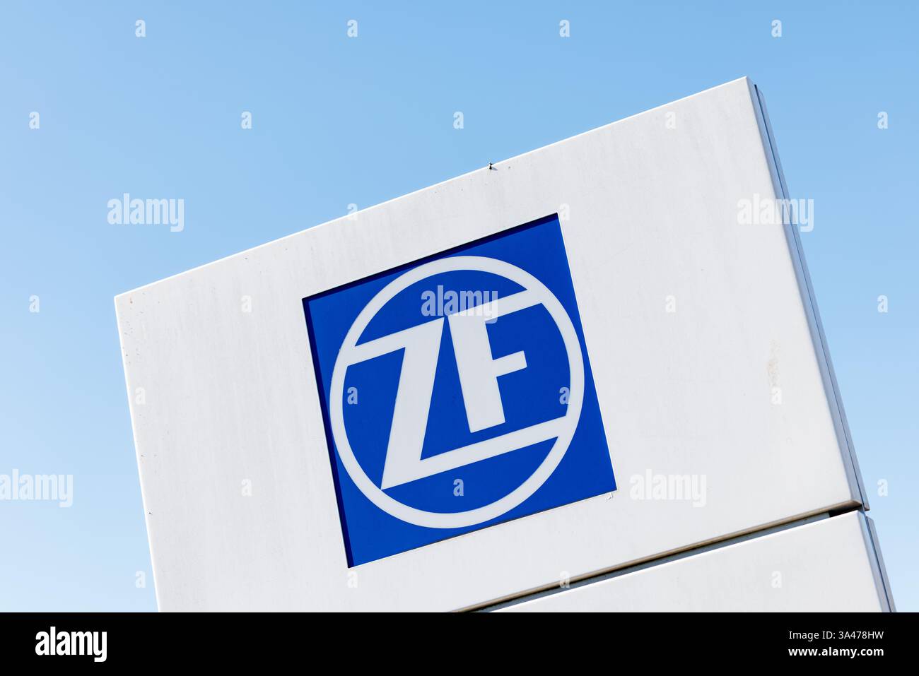 Schweinfurt, Germany. 17th Mar, 2025. The ZF logo can be seen on a sign ...
